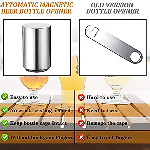 Premium Automatic Beer Bottle Opener (Stainless Steel), No Damage to Caps, Portable Push Down and Pop Off Magnetic Cap Catcher, QUICK Fun Bartender Openning Tool for Corkscrew Lid Home Bars Kitchen