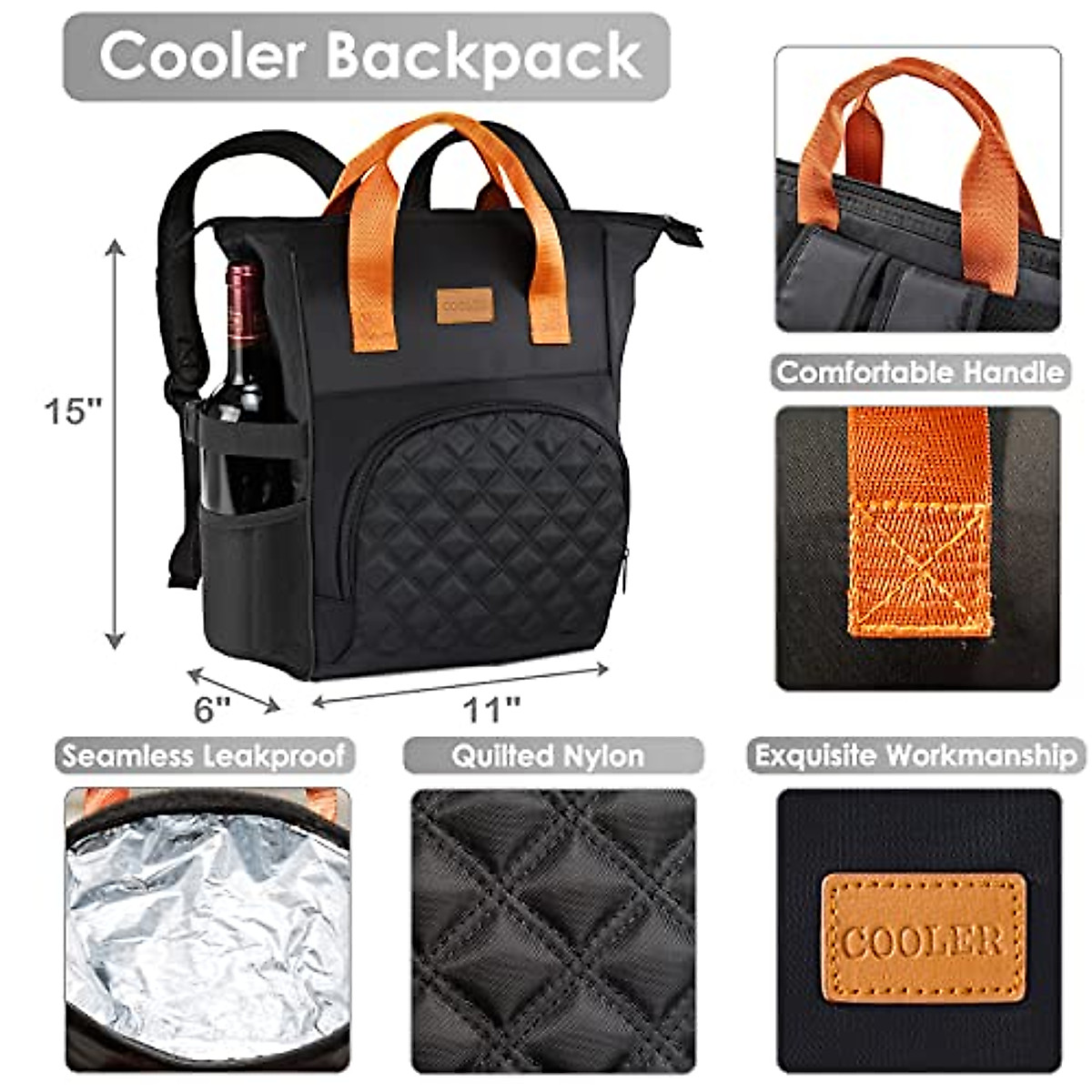 BAGSPRITE Insulated Backpack Cooler for Women, Soft Cooler Backpack with Ice Pack, 24 Can Small Ice Chest Backpack, Waterproof Large Insulated Lunch Bags, Small Lunch Backpack for Camping, Beach