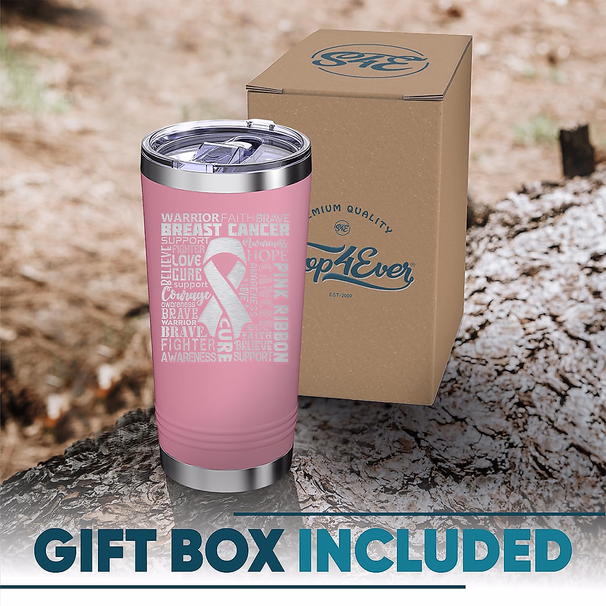 shop4ever Breast Cancer Awareness Ribbon Word Cloud Insulated Tumblers 20 oz. with Lid, Stainless Steel Cups Travel Coffee Mug (Light Pink)