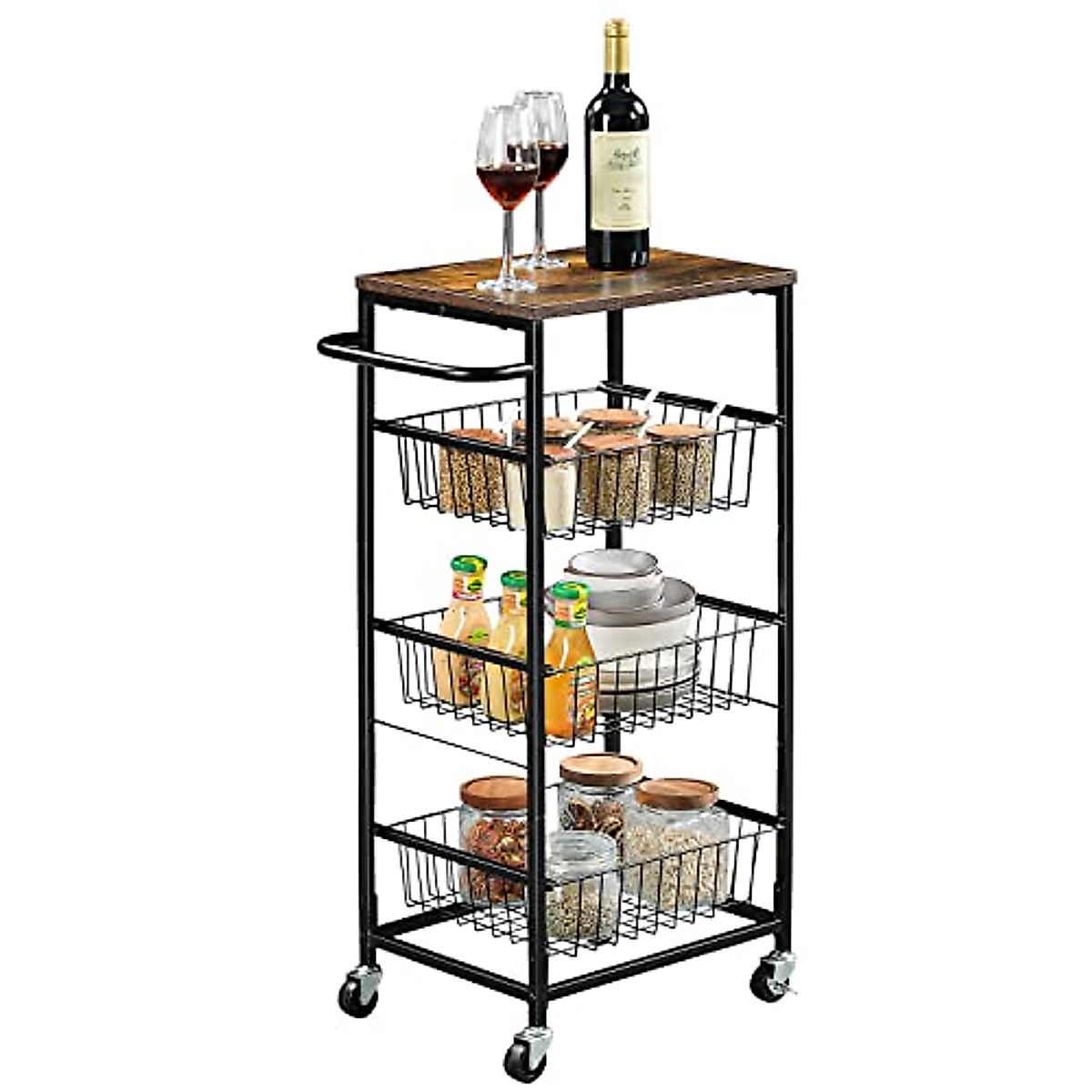 LEGUANG Kitchen Storage Rolling Cart on Wheels, 4 Tier Metal Rolling Utility Carts Microwave Rack with Wooden Tabletop for Kitchen Island, Bathroom, Living Room(Black)