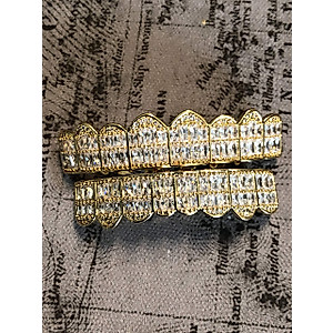 14k Iced Baguette Set 8 Teeth Joker Gold Grillz for Mouth Top Bottom Hip Hop Teeth Grills for Teeth Mouth Grillz for Mouth Top Bottom (Gold)