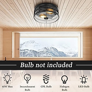 Flush Mount Ceiling Light Fixture, 12 Inch Close to Ceiling Light with Black Metal Cage, Modern Industrial Ceiling Lamp with Seeded Glass for Kitchen Hallway Bedroom Living Room Foyer