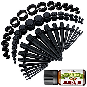 BodyJ4You 54PC Ear Stretching Kit 14G-12mm - Aftercare Jojoba Oil - Black Acrylic Plugs Gauge Tapers Silicone Tunnels - Lightweight Expanders Men Women