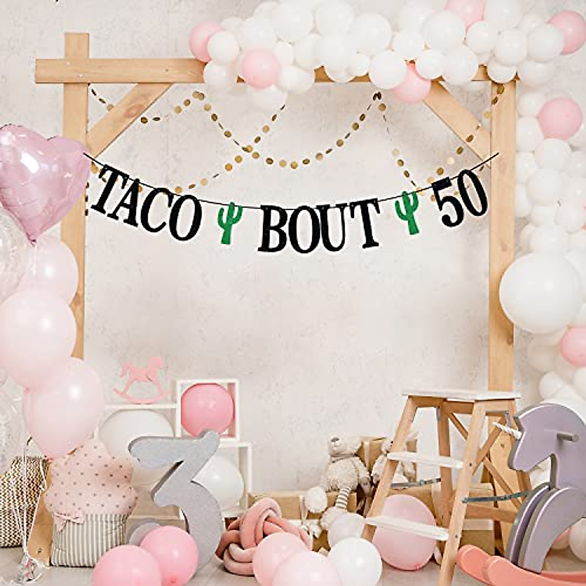 Taco Bout 50 Banner with Cactus Decorations, Cheers to 50 Years, 50 Taco Party Decor, 50th Birthday/Wedding Anniversary Party Decoration Supplies Black Green Glitter.