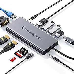 Nov8tech 13in1 USB C Docking Station Dual Monitor, USB C Hub with Dual HDMI, VGA, Ethernet, 5 Ports USB 3.0/2.0/C, 100W PD, TF/SD Card Reader, Audio, Compatible with MacBook, Laptops & Type C Devices