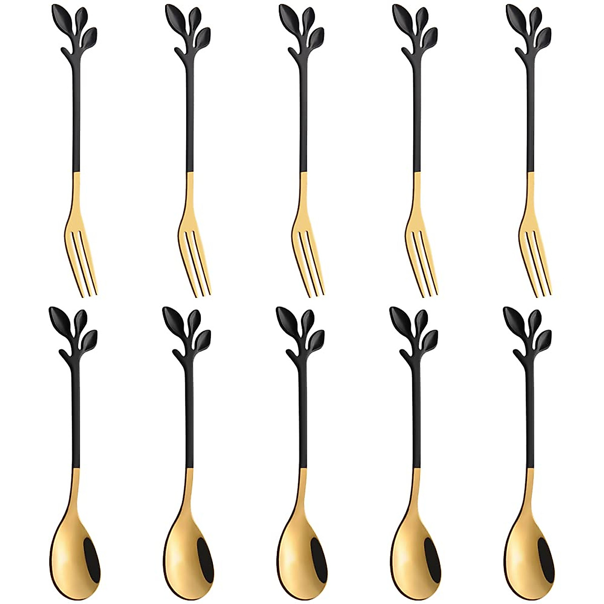AnSaw Black Swan Base Holder with 5-Pieces 4.7-inch Small Coffee Spoons And 5-Pieces Dessert Fork,Leaf Handle Set (Black & Gold)