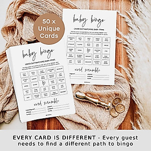 Baby Shower Bingo Game (50 Unique Cards), Pre-Filled, Baby Shower Games, Added Word Scramble (Minimalist)