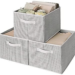 GRANNY SAYS Closet Storage Bins, Jumbo Closet Organizers and Storage, Fabric Storage Bin for Closet Organization, Clothing Storage Baskets for Organizing Linen Toy, White with Black Stripes, 3-Pack