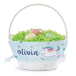 Rainbow Unicorn Personalized Easter Egg Basket with Handle and Custom Name | Blue Easter Basket Liners | White Basket | Woven Easter Baskets for Kids | Customized Easter Basket | Gift for Easter