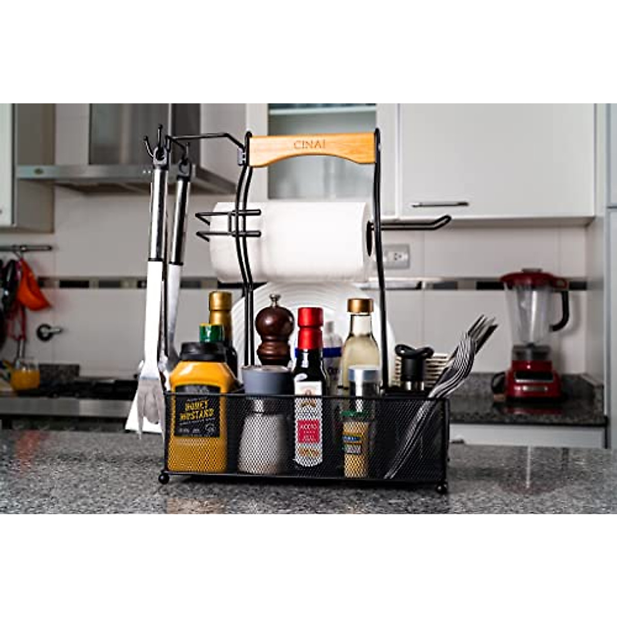 CINAI Grill Caddy, Paper Towel Holder, BBQ & Picnic Caddy, Grill Utensil Organizer, Condiment Bottles Organizer for BBQ, Cleaning Caddy, 3 Hanging Hooks, Bamboo Handle, Large, Black