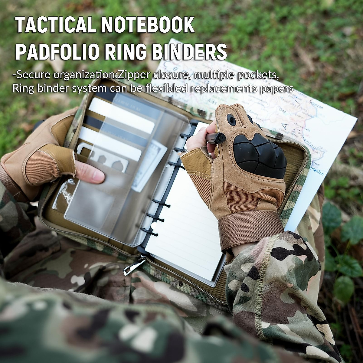 Kosibate Padfolio Ring Binder with 45 Sheets 90 Pages of Loose-Leaf Paper, Weatherproof Notebook Cover, Tactical Notebook with Zippered for Folders, Business Cards Refillable 6-Ring Notepad(5.5"x8.5")