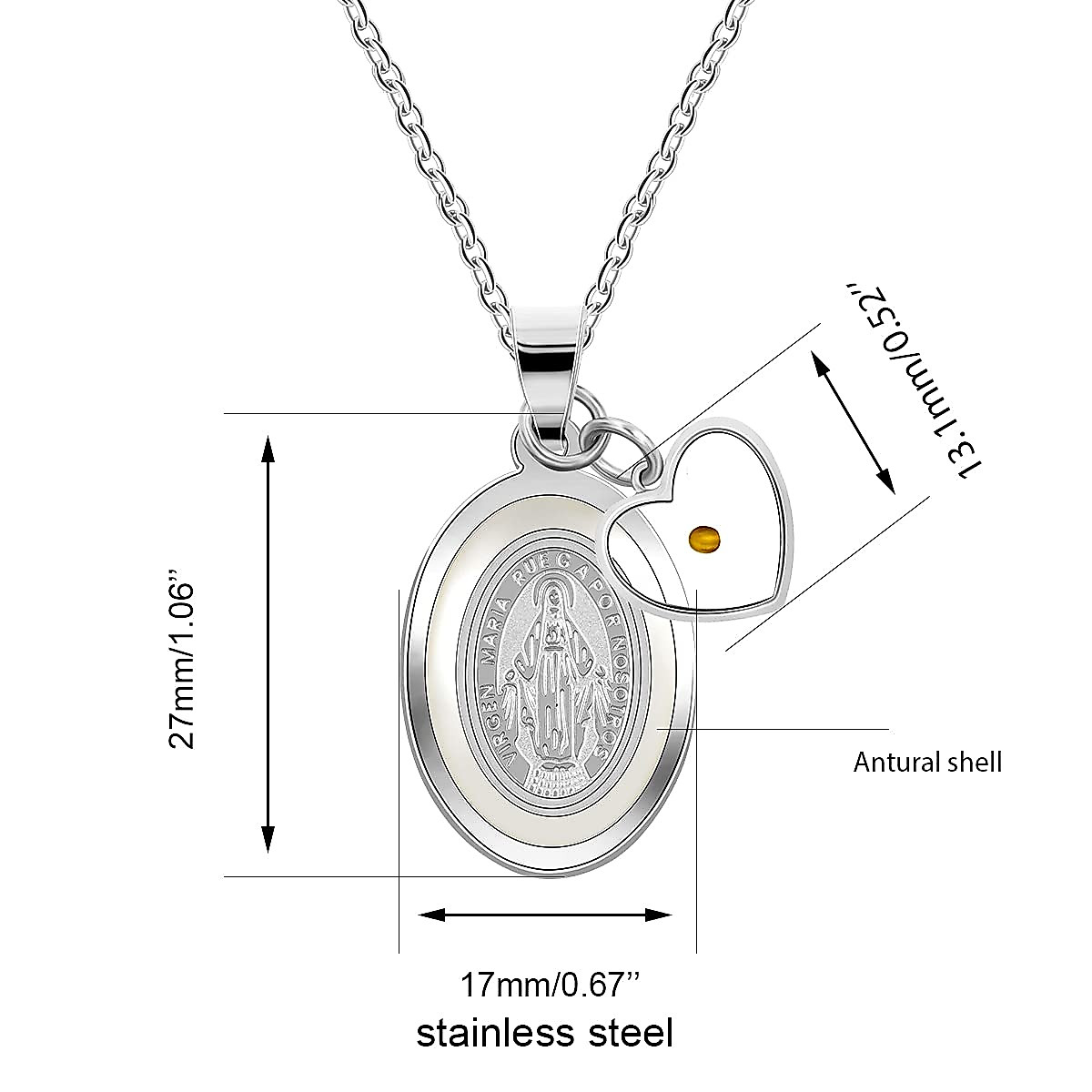 NA Oval Virgin Mary Mustard Seed Christian Pendant Religion Necklace for Women, Stainless Steel Prayer Faith Jewelry (White)