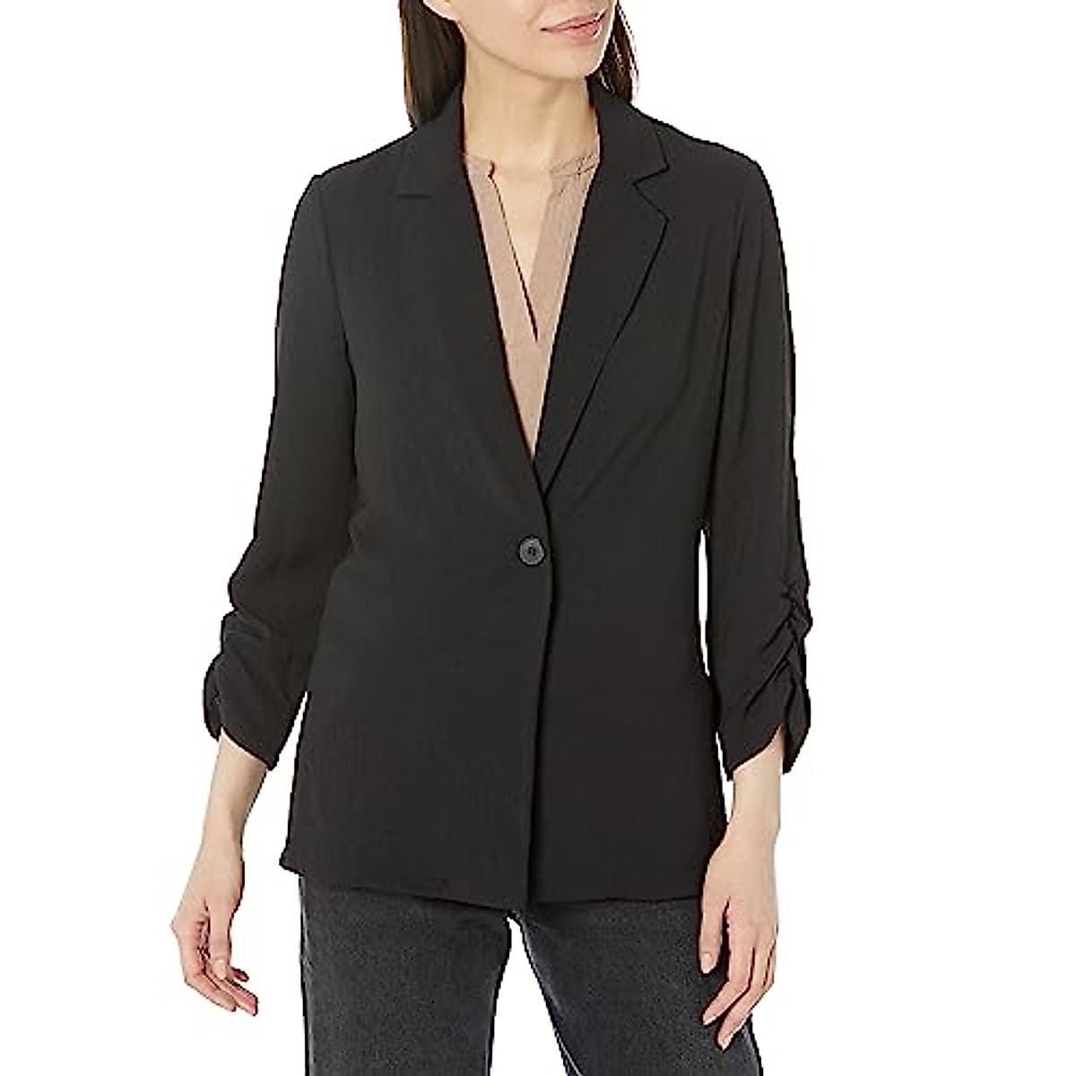 Adrianna Papell Women's Tall Size Ruched 3/4 Sleeve One Button Notch Blazer, Black