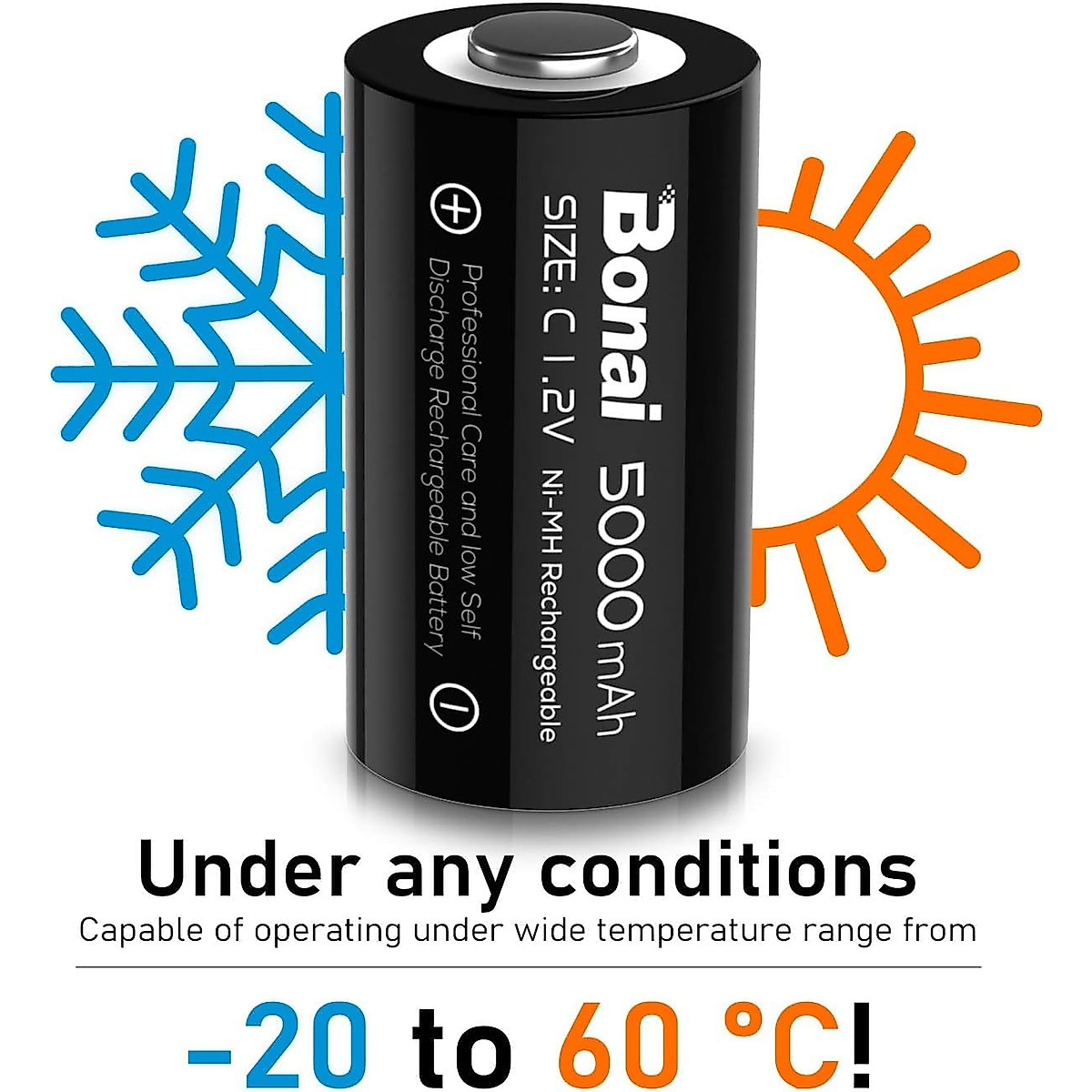 BONAI Rechargeable C Batteries, C Cells 5000mAh 1.2V Ni-MH High Capacity C Size Battery (4 Pack)