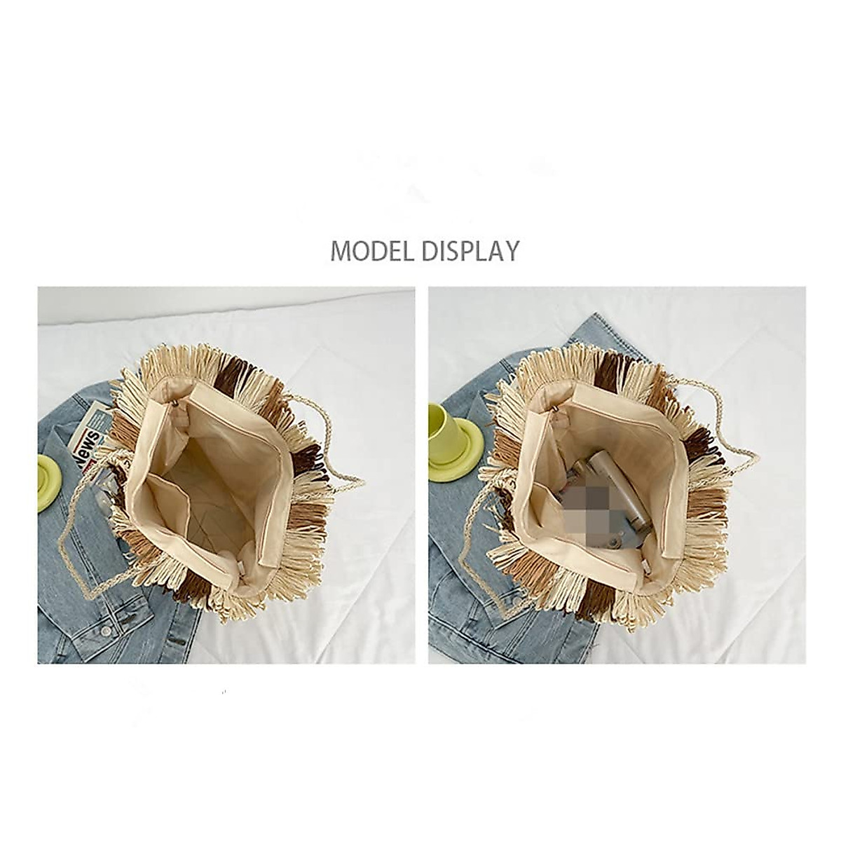 QTKJ Hand-woven Soft Large Straw Shoulder Bag with Tassels and Zipper Boho Straw Handle Tote Retro Summer Beach Bag Rattan Handbag (Beige)