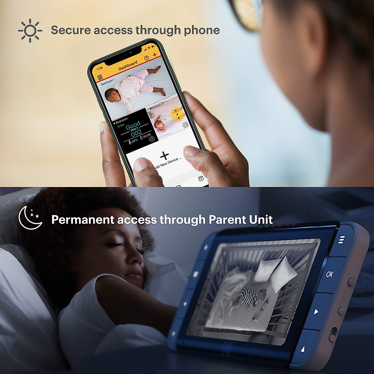 KODAK Cherish C520 WiFi Indoor Video Baby Monitor with Above-The-Crib View, Parent Unit for Constant Monitoring and Phone App for Quick Check-in