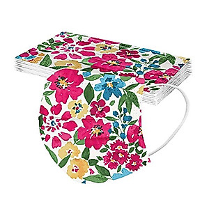 50 Pack Adults Floral Disposable Face Masks with Design, 3 Ply Protective Breathable Women Men Flower FaceMask with Nose Wire (Floral #14)