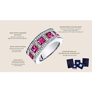 PEORA Sterling Silver Princess Cut Created Ruby Anniversary Ring Band Wide Width 2 Carats Size 6