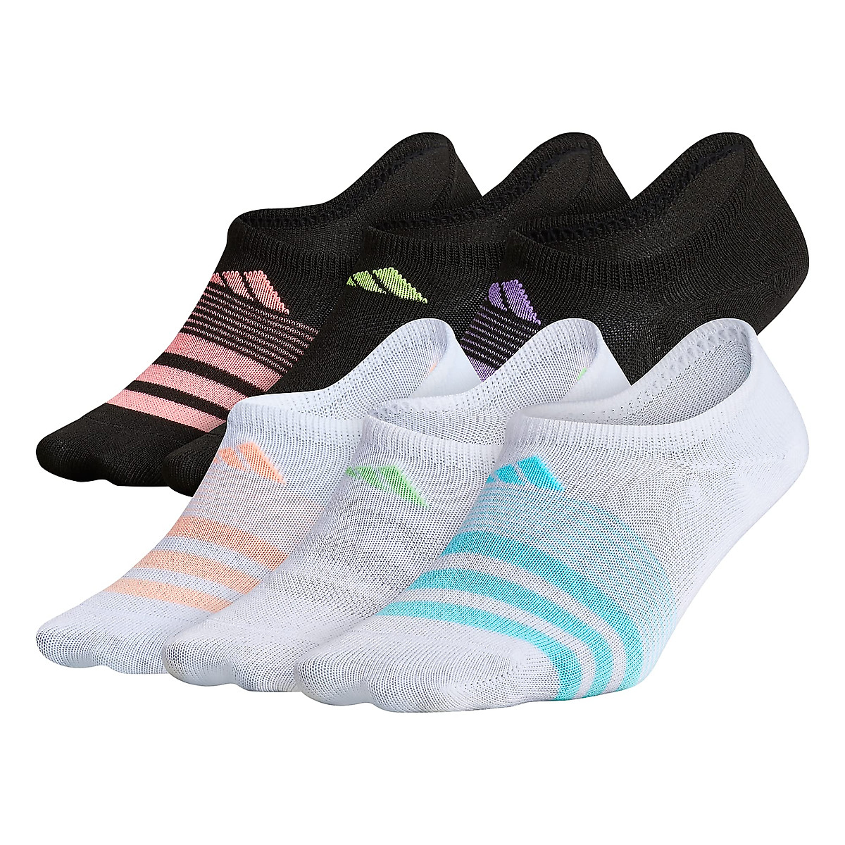 adidas Girl's Superlite 6-Pack Super No Show, White/Clear Aqua Blue/Black, Large