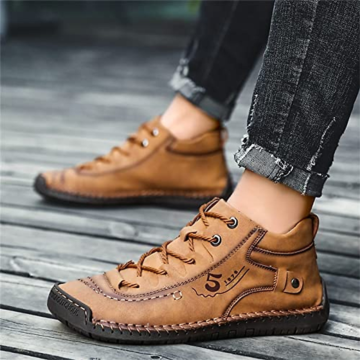 Fashion Summer and Autumn Men Leather Shoes Flat Soft Bottom Comfortable Mid Top Lace Up Casual Boot Leather Men (Brown, 9)