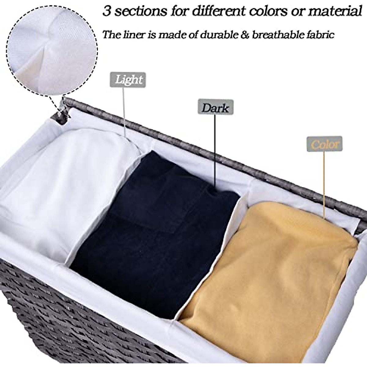 Crehomfy Laundry Hamper with Wheel and Removable Liner Bag, 130L Synthetic Rattan Wicker Handwoven Laundry Basket with Lid and Handle, 3 Section Divided Dirty Clothes Hamper for Laundry Bedroom Gray