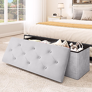 YITAHOME 43 Inches Folding 120L Storage Ottoman Bench, Velvet Footrest with 35mm high Elasticity Sponge seat and Metal Frame for Sturdiness- Holds Upto 680 Lbs (Grey)