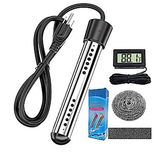 HASTER 2000W Immersion Water Heater for Inflatable Pool Bathtub,Bucket Heater with 304 SS Guard,Electric Submersible Water Heater with LCD Thermometer,Heat 5 Gallon Water in Minutes (Black)
