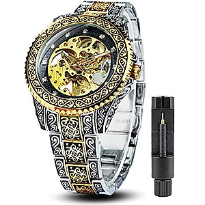 FANMIS Mens Luxury Engraving Wrist Watches Unique Tattoo Pattern Carved Stainless Steel Band Luminous Automatic Skeleton Watch (Gold Black)