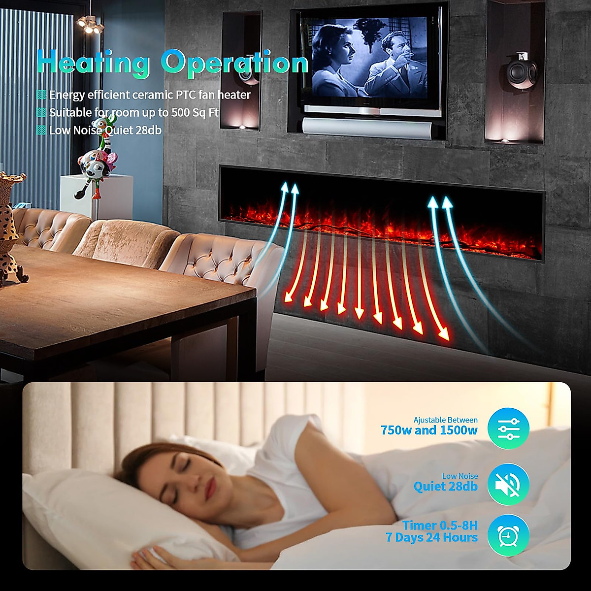 ALEXENT Recessed 80" Electric Fireplace with Wi-Fi/Remote Control Wall Mount, Built in, Low Noise with Timer, Touch Screen, Adjustable Flame Color and Speed, Log Set & Crystal