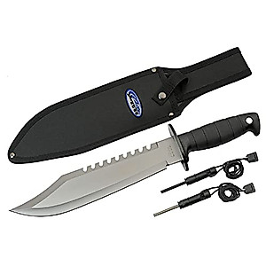 Szco Supplies 15” Rite Edge USA Survival Knife Saw-Back Outdoor Hunting, Camping Knife with Firestarter, Sharpener and Nylon Sheath Black, 211539