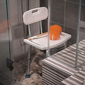 Shower Chair Set of 3 - Includes Back Scrubber & Additional Sponge - Anti Slip for Safety, with 8 Adjustable Heights Portable - Tool Free Shower Chair for Elderly - Bath Chair for Elderly