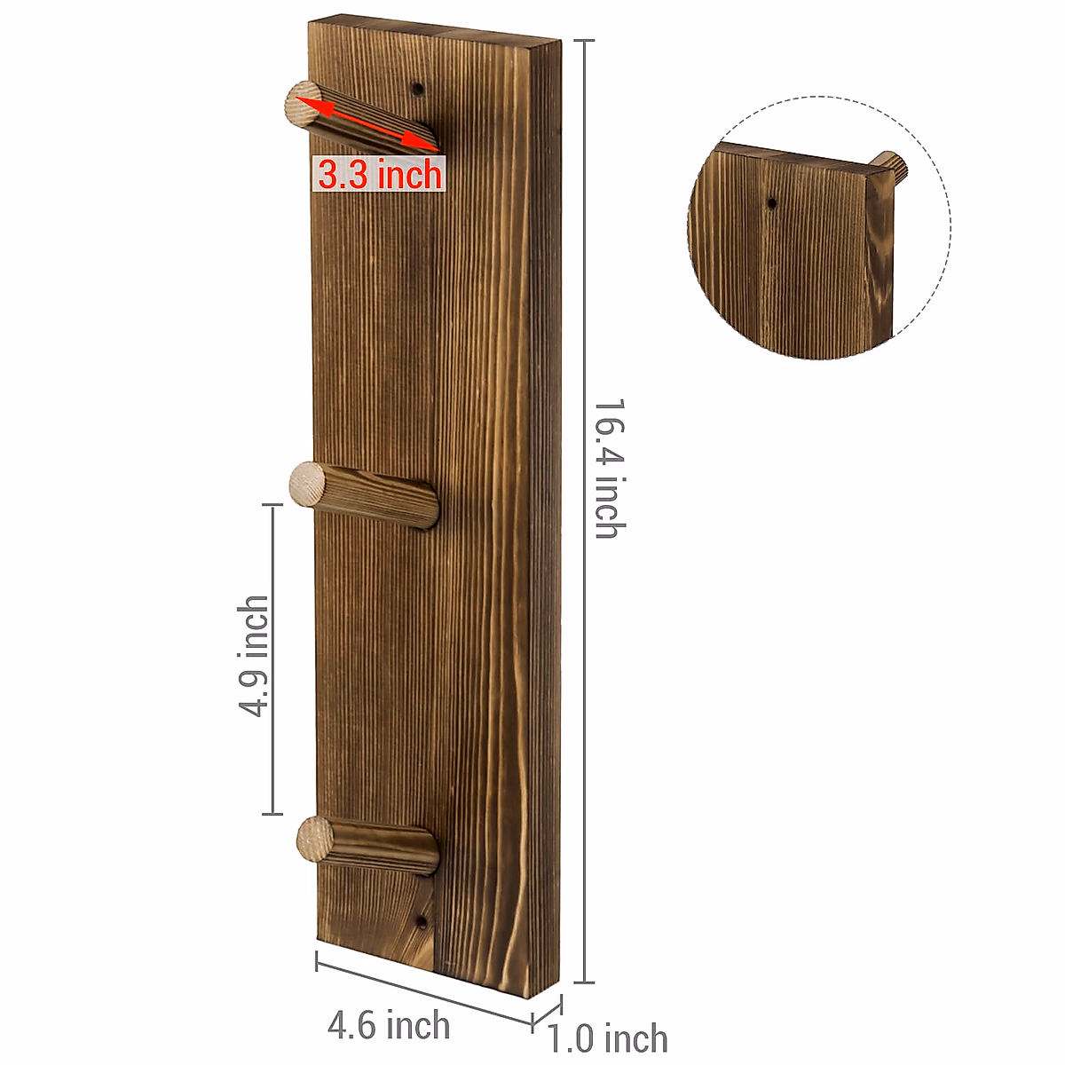 MyGift Wall Mounted Wooden Mug Rack - 3 Hook Rustic Burnt Wood Teacup Mug Storage Organizer, Set of 2