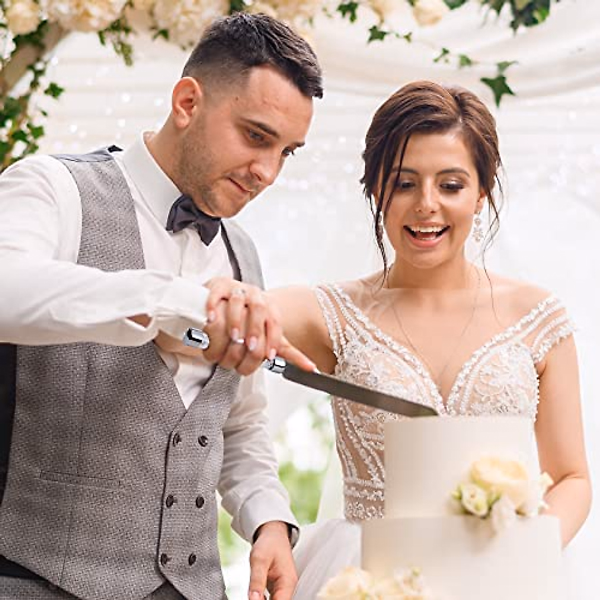 VARLKA Wedding Champagne Flutes and Cake Knife Server Set Wedding Gifts Toasting Glasses with Rhinestone Rimmed Hearts Decoration for Couple Bride and Groom, Cake Cutting Set of 4 for Wedding