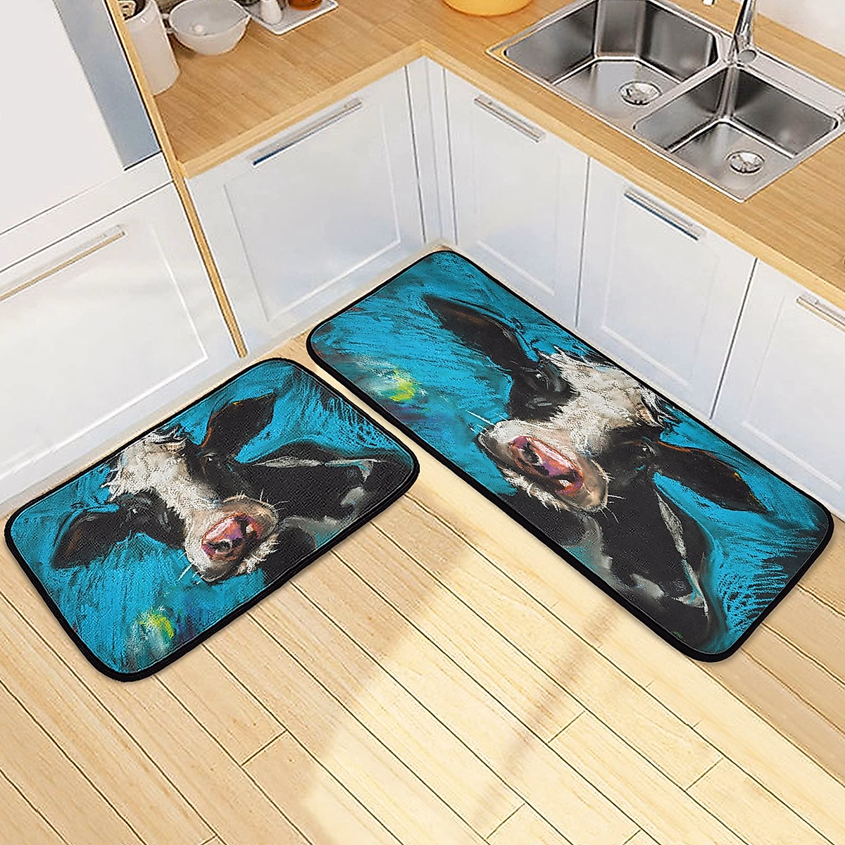 Kitchen Rugs and Mats 2 Pieces Farm Dairy Cow Blue Anti Fatigue Kitchen Rug Set Non Slip Bath Mat Entry Floor Carpet Entrance Door Mat Runner 20"x28"+20"x47" 20"x28"+20"x47"