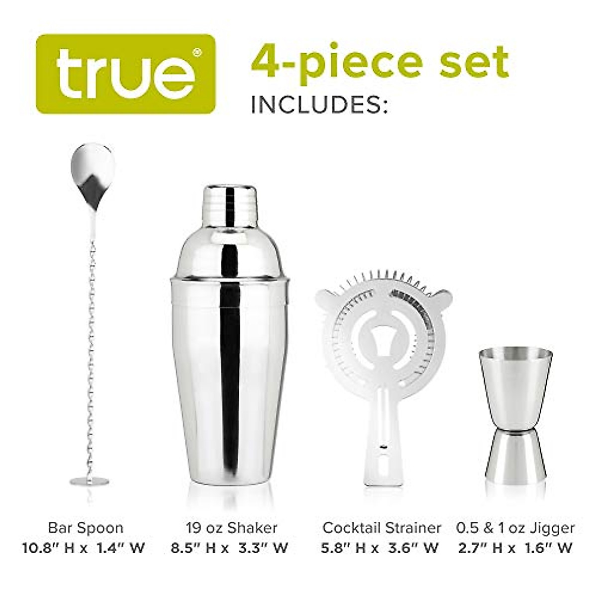 True Bar Drink Mixer Set, 19oz 4-piece Cocktail Shaker Set Bartender Kit, Bar Cocktail Sets, Cocktail Shaker Kit, Barware Tool Sets, Bar Accessories for the Home Bar Set (Stainless Steel)