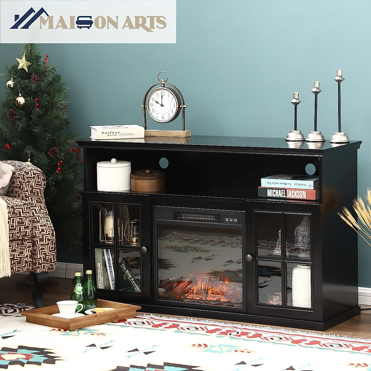 MAISON ARTS Glass Doors Fireplace TV Stand with Electric Fireplace Inserts 47" Farmhouse Media Console Table Entertainment Center for TVs Up to 55" for Home Living Room Bedroom, Black