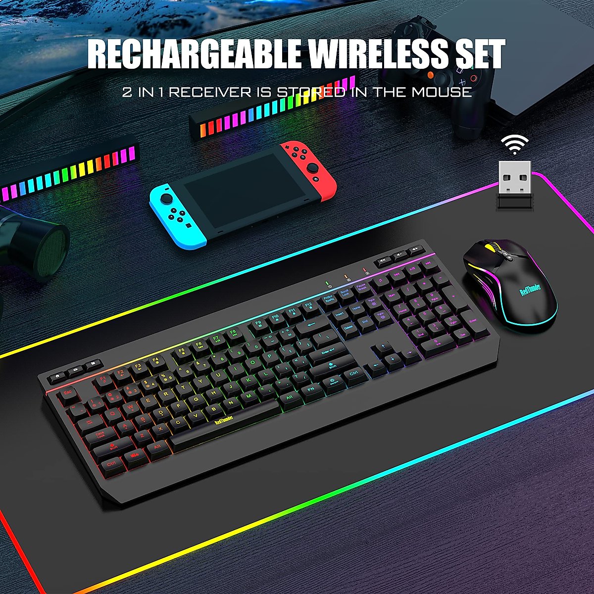 RedThunder K20 Wireless Keyboard and Mouse Combo, Full Size Anti-Ghosting Keyboard with Multimedia Keys + 7D 4800DPI Optical Mice, Rechargeable RGB Gaming/Office Set for PC Laptop Mac Xbox (Black)