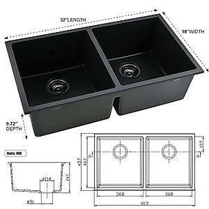 32 Inch Black Kitchen Sink Undermount-iAnomla 32x18 Inch Double Bowl Kitchen Sink 50/50 Black Quartz Composite Undermount Kitchen Sink