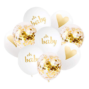 CoolerthingsDG Baby Shower Decorations Neutral Decor Strung Banner & 9PC Balloons w/Ribbon [Gold, Confetti, White] Kit Set | Hang on Wall | Glitter Unisex Pregnancy Announcement Gender Reveal Party