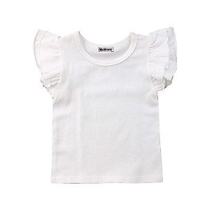Mubineo Toddler Baby Girl Basic Plain Ruffle Sleeve Cotton T Shirts Tops Tee Clothes (White, 3-4T)