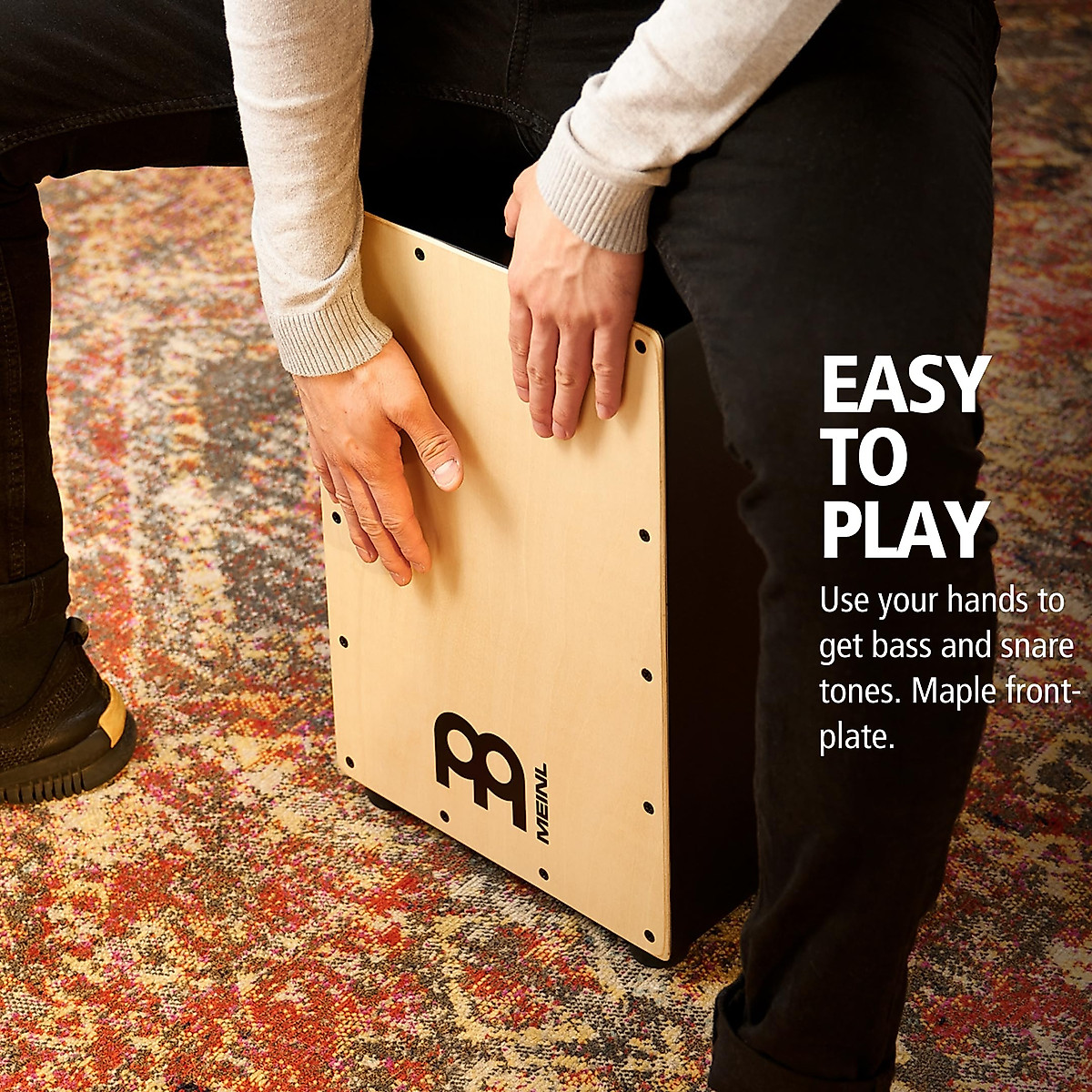 Meinl Cajon Box Drum with Internal Snares - NOT MADE IN CHINA - Maple Frontplate / MDF Body Full Size, 2-YEAR WARRANTY (MCAJ100BK-MA)