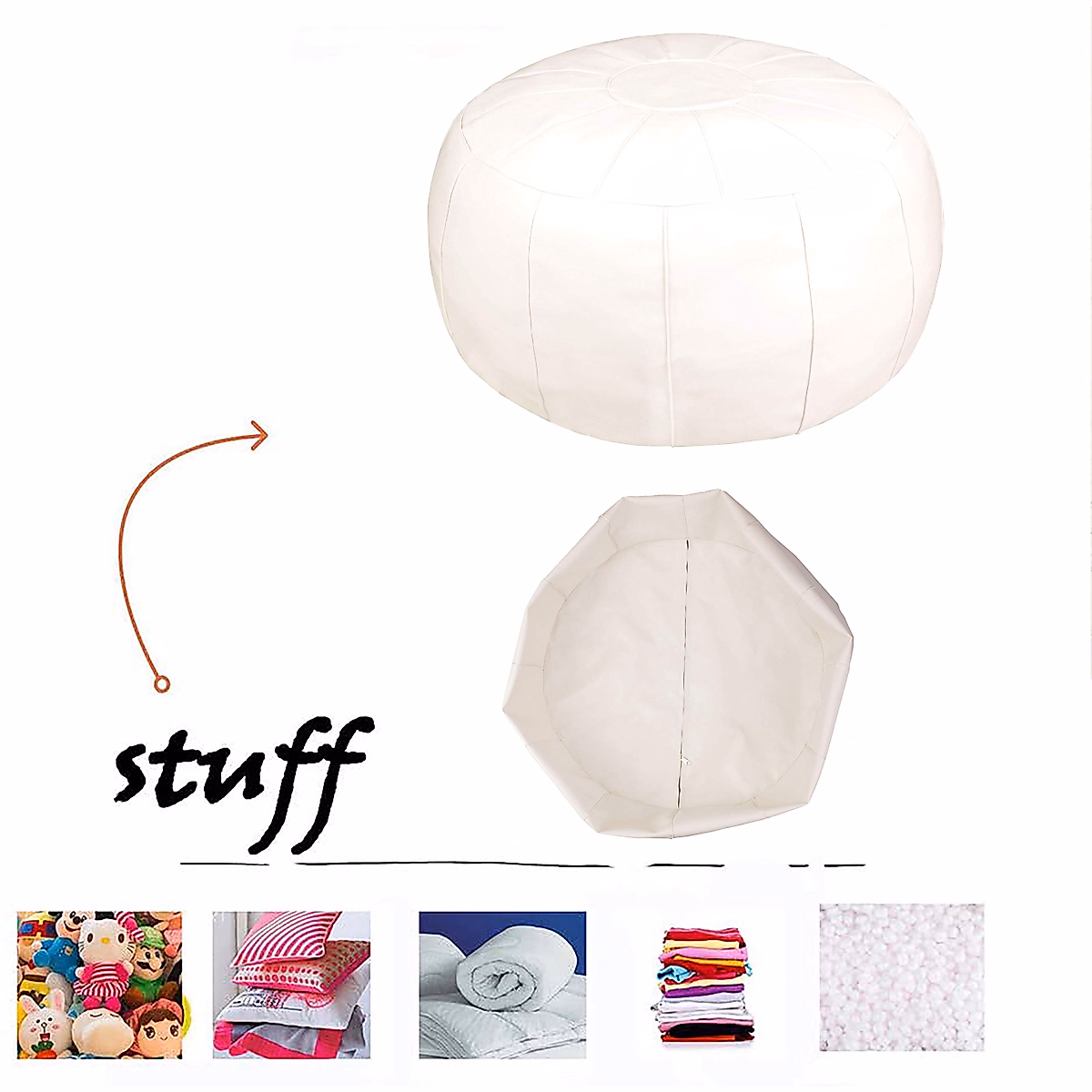 zefen Unstuffed Pouf Foot Stool Round Decorative Leather Ottoman Cushion Storage seat or for Resting Your Feet on, Floor Chair Foot Living Room Bedroom Kids Room and Wedding (White)