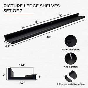Picture Ledge Shelf, Floating Shelves Set of 2, 48 Inches Long Large Nursery Book Shelves for Toys Storage, Kids Bookshelf Wall Mounted for Living Room Bedroom Decor Books Photo Frames, Black