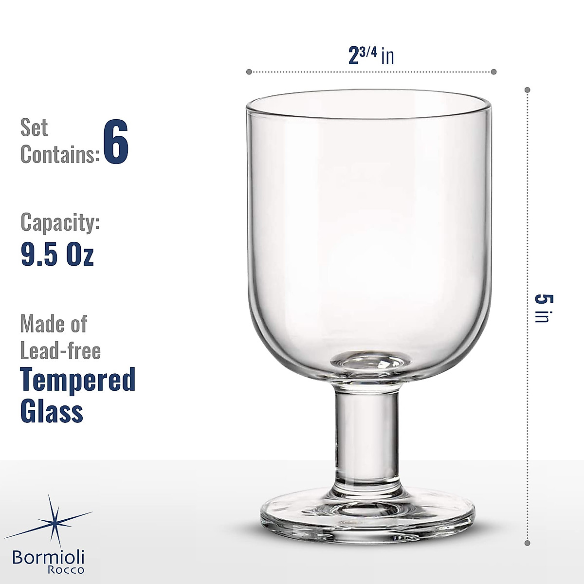 Bormioli Rocco Hosteria Set Of 6 Stackable Wine Glasses, 9.5 Oz. Goblet, Clear Tempered Glass, Made In Italy.