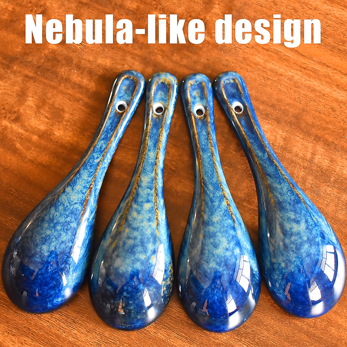 BOEEA 4 Pieces Soup Spoon Set, Asian Soup Spoon, Long Handle Ceramic Soup Spoons, Retro Blue Ramen Bowl Soup Spoon Suitable for Soup, Dumplings, Gravy, Cake, Oatmeal