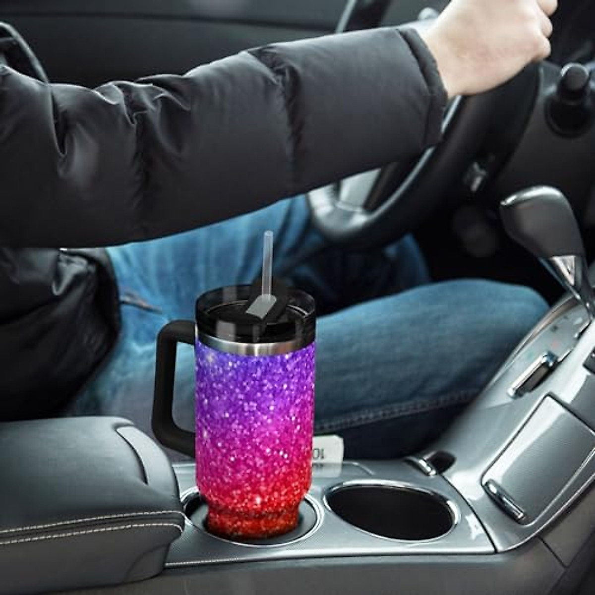 Yasala Car Tumbler with Handle Rainbow Glitter Shine Travel Mug Coffee Cup Insulated Beverage Container Mega Cup for Hot Cold Drinking Thermos Water Bottle Cupholder Friendly 40 oz