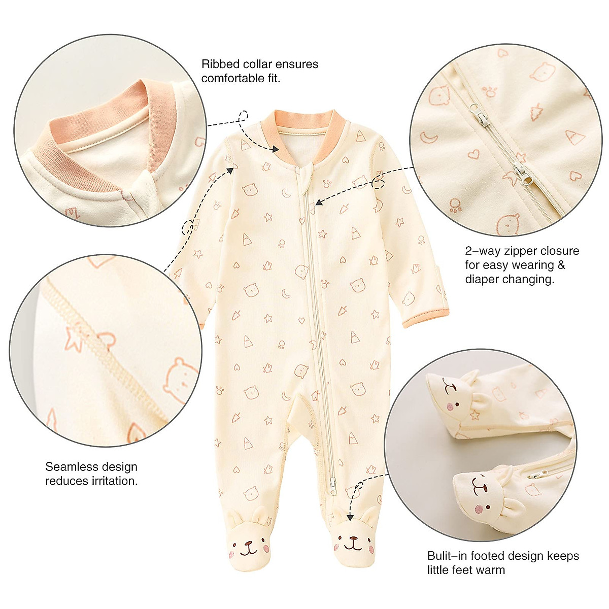pureborn 2-Pack Baby Girls Footed Pajamas Infant Seamless Long Sleeve Cotton Footies Sleep and Play White + Beige Bear 0-3 Months