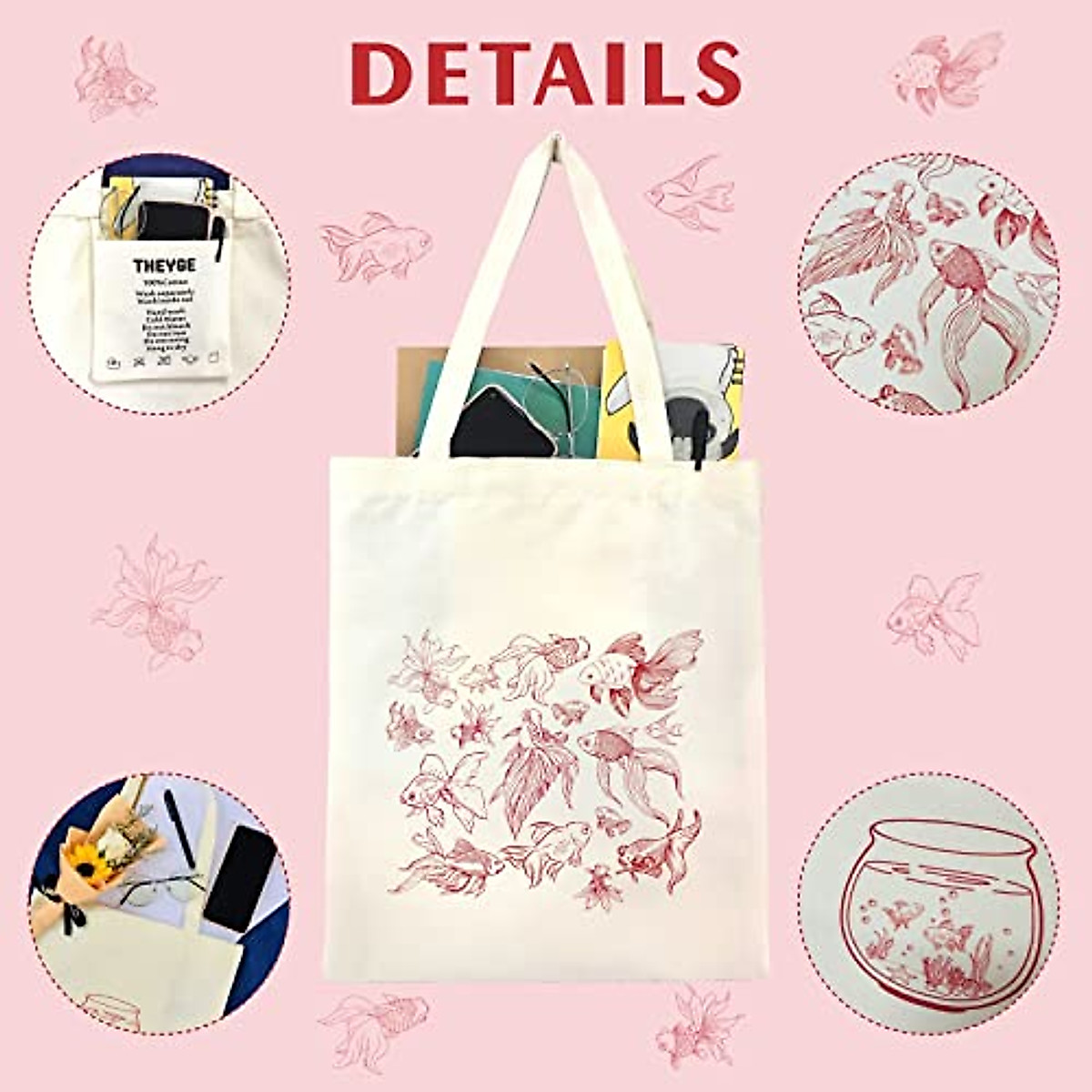THEYGE Goldfish Canvas Tote Bag Aesthetic Cotton Canvas Bag for Women Girls Gift Cute Fish Tote Bag Book School Shopping Shoulder Bag Beach Bag