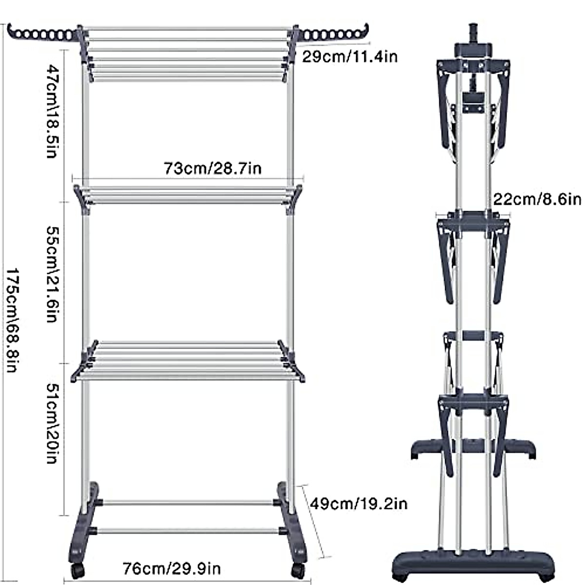 Kentaly Clothes Drying Rack, Large 3-Tier Rolling Folding Dryer Hanger Storage Collapsible Garment Rack Standing Rack with Foldable Wings and Casters for Indoor Outdoor