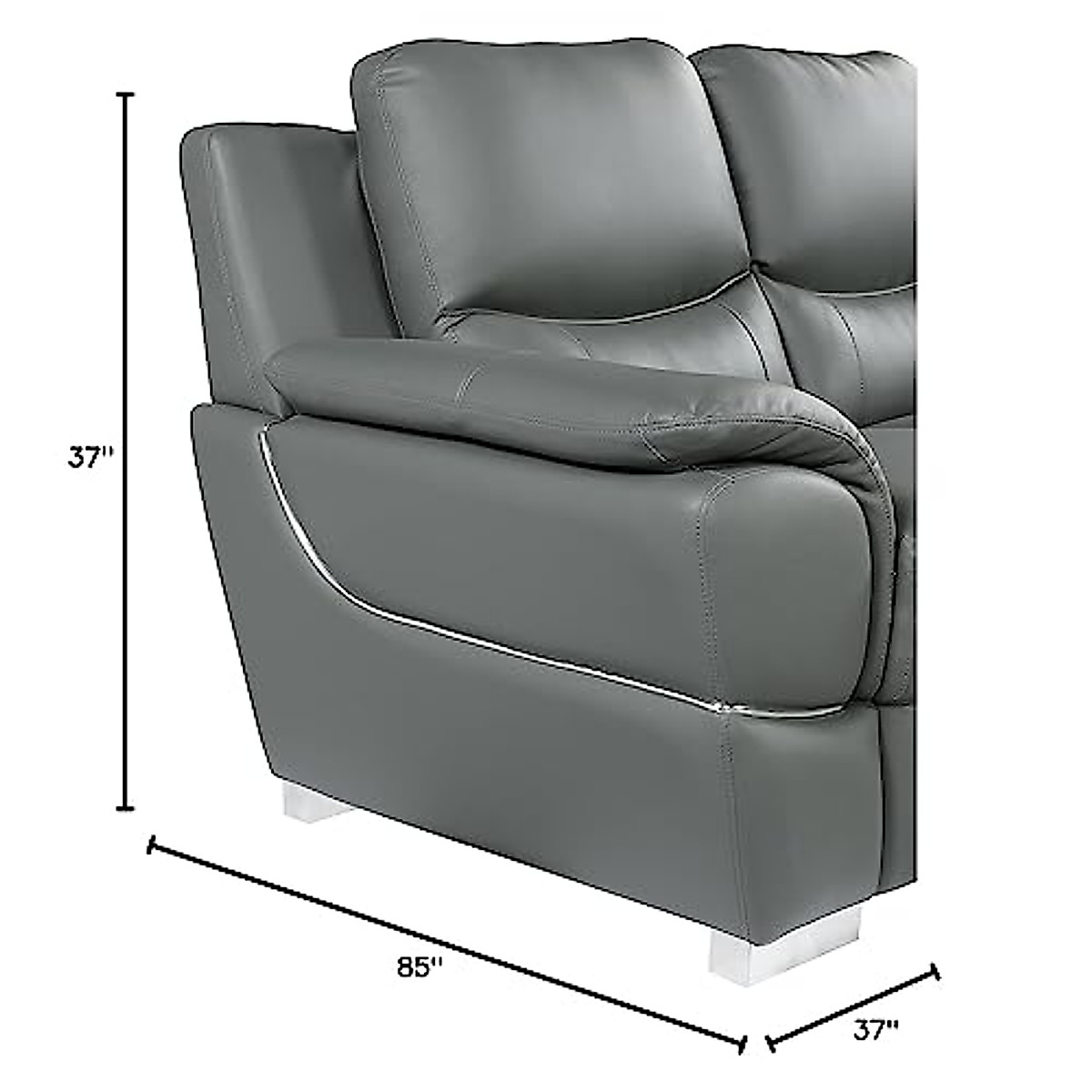 Blackjack Furniture Binion 1 Piece Modern Genuine Leather Sofa for Living Room with Padded Headrest, Wide Arms & Chrome Accents, Elegant Upholstered Couch, Sofa, Gray